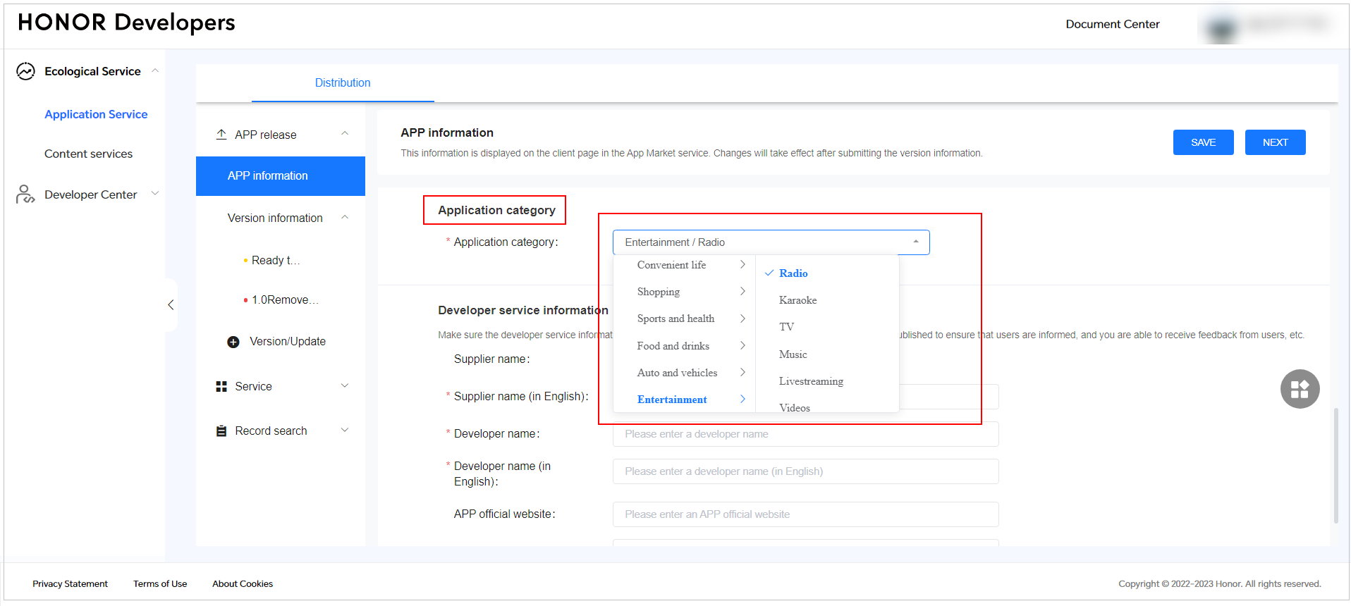 If you are not sure what category to choose, please go to HONOR App Market Categories for guidance.
