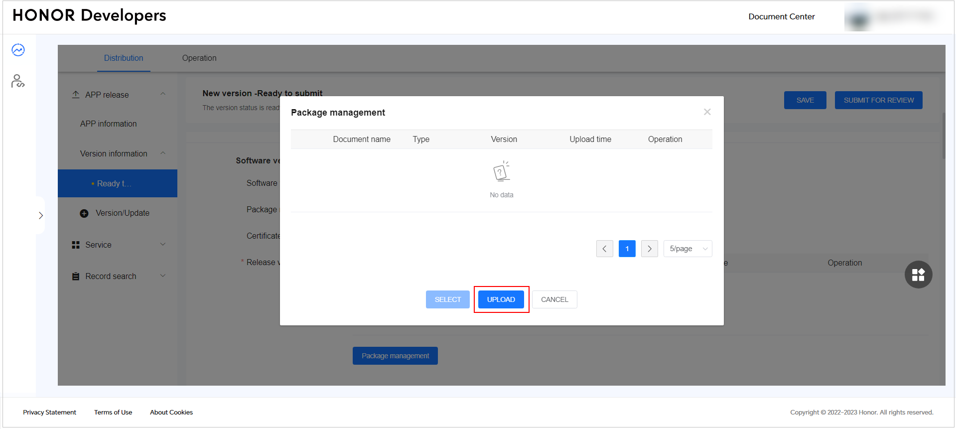 3. Click + to upload your app’s package in the pop-up window.