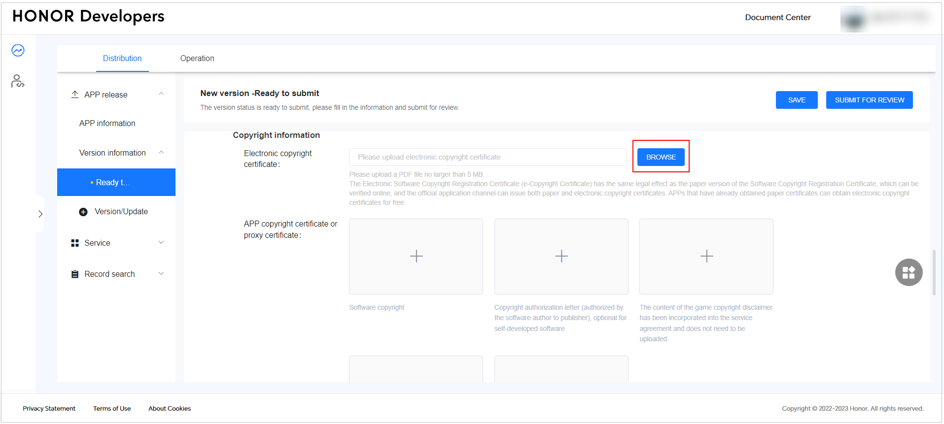 2. Upload APP copyright certificate, proxy certificate or other related documents.